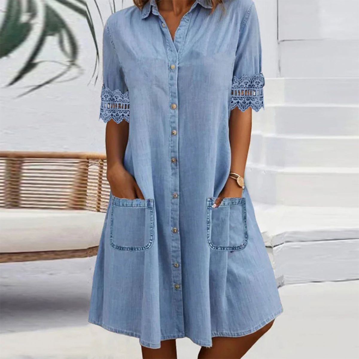 ⏳Blue Plain Collared Lace Trim Denim MIni Dress – goteoffer